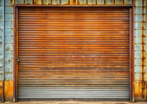 Weathered Steel Shutter Door Of A Warehouse Or Storefront A Closeup Of