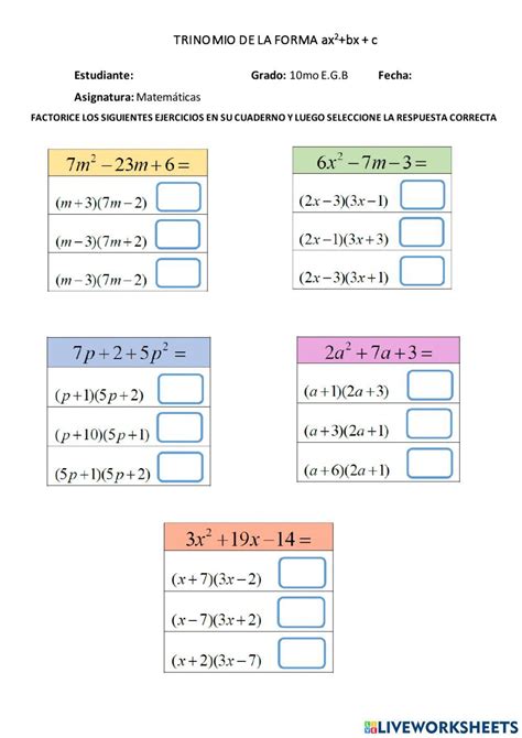 Trinomio De La Forma Ax2 Bx C Online Exercise For Live Worksheets