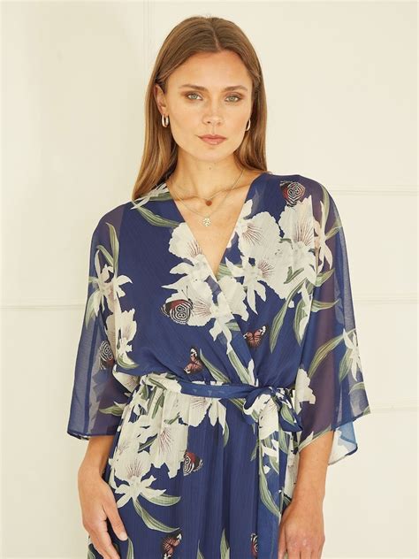 Buy Yumi Navy Blue Floral Kimono Sleeves Dip Hem Wrap Midi Dress From