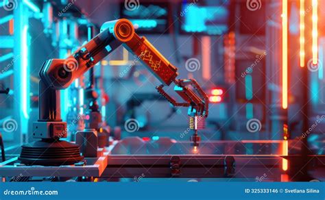 Futuristic Lab Environment With Neon Lights Featuring A Robotic Arm
