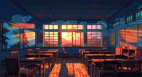 Premium Ai Image A Painting Of A Classroom With A Sunset On The Wall