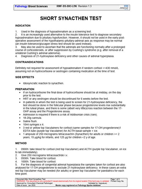 Short Synacthen Test Mtw Nhs Uk 2023 Pdf Endocrine System Endocrinology