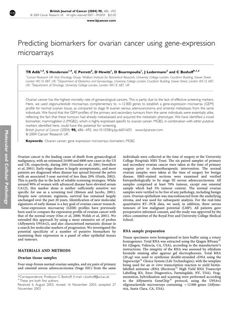 Pdf Predicting Biomarkers For Ovarian Cancer Using Gene Expression Microarrays