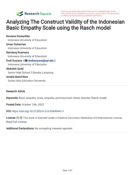 Pdf Analyzing The Construct Validity Of The Indonesian Basic Empathy