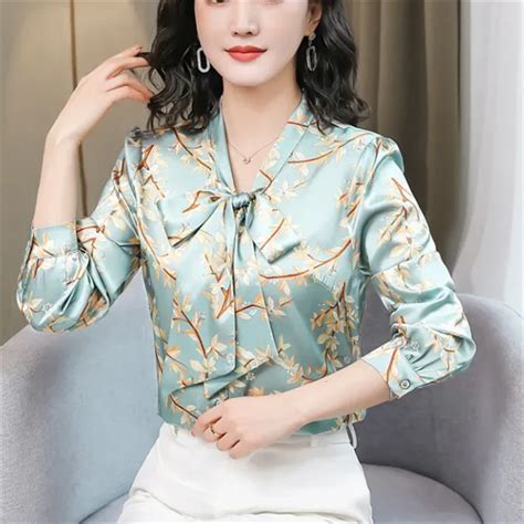 Silk Shirt For Women Ribbon Blouses Cardigan Top Bow Satin Shirt Long