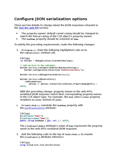 Configure Json Serialization Options The Bookname Property Should Be Returned As Name To