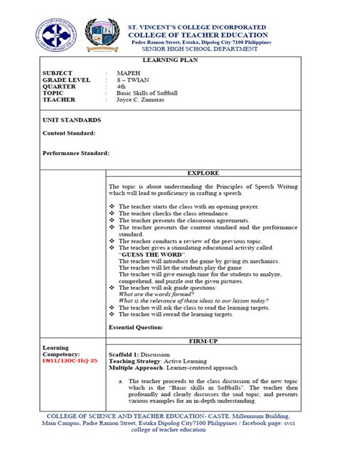 Final Demo Learning Plan Pdf Softball Teachers