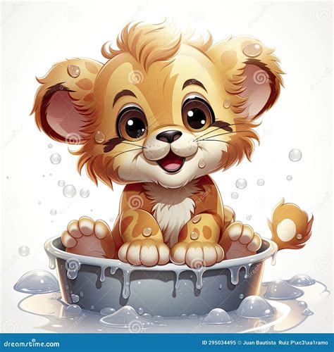 Adorable Illustrated Lion Cub Taking A Bubbly Bath Showcasing Playful Innocence And Vibrant