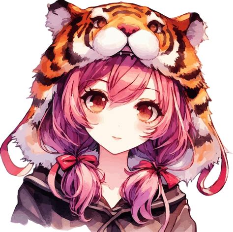 Premium Vector Anime Girl With Tiger Hat And Watercolor Floral Hair Ornament Vector Illustration
