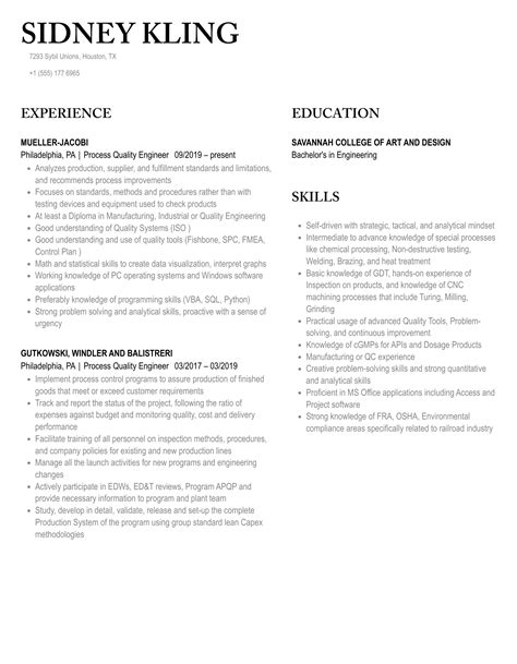 Process Quality Engineer Resume Samples Velvet Jobs