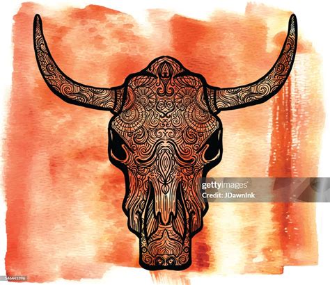 Bull Skull Doodle Drawing Hand Drawn On Watercolor Texture High Res