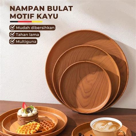 Jual Nampan Saji Bulat Plastik 32cm Motif Kayu Awet Kuat Tebal Tahan