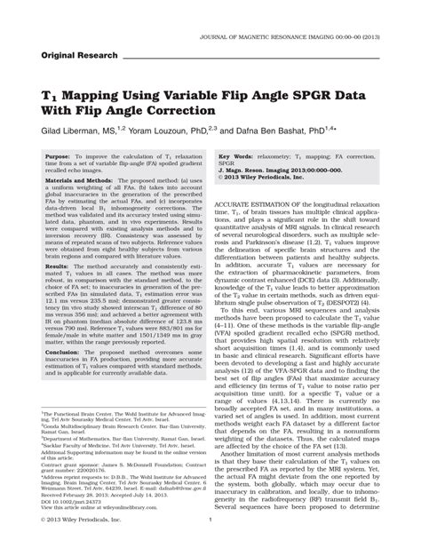 Pdf T 1 Mapping Using Variable Flip Angle Spgr Data With Flip Angle