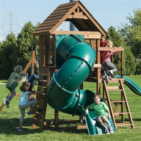 Treehouse Wooden Swing Set Tube Slide Wave Slide Climbing Wall Str8up