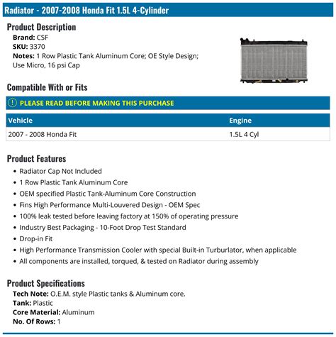 2007 2008 Honda Fit Radiator Csf 3370