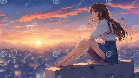 Cartoon Sitting On The Roof Anime A Serene Scene Of A Girl Sitting On