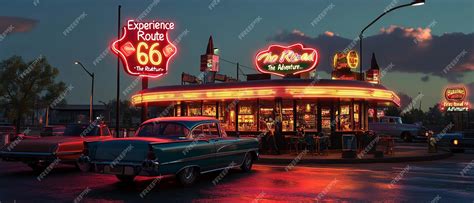 Retro 1950s Route 66 Diner Travel Poster Premium Ai Generated Image