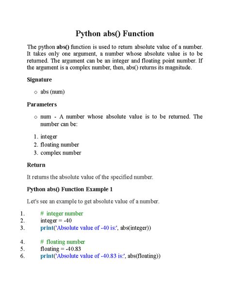 Python Abs It Takes Only One Argument A Number Whose Absolute Value Is To Be Returned The