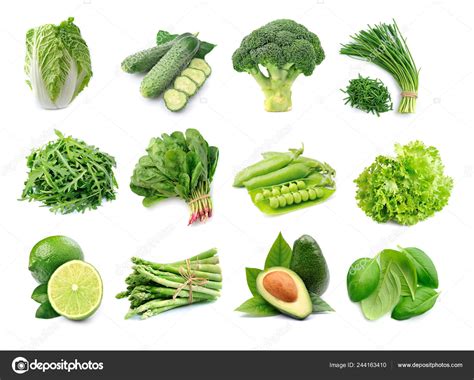 Conjunto Verduras Verdes Frescas Aisladas Sobre Fondos Blancos — Foto