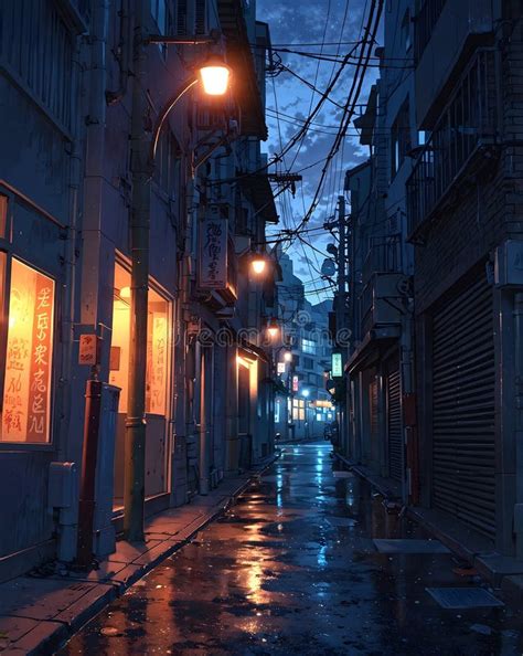 A Narrow Dimly Lit Alleyway In A Japanese City At Night The Street Is