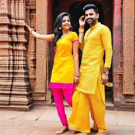 Holi Jugando En Templos Indios Pareja Rojo Verde Kurta Pejama Saree