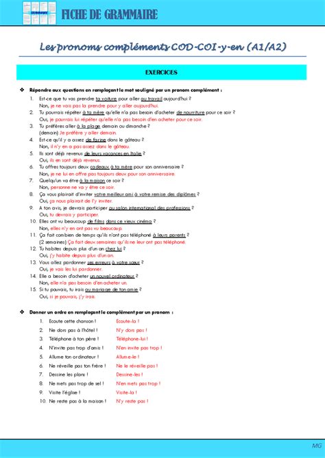 Grammaire Pronoms Cod Coi Y En Fiche De Grammaire Mg Les Pronoms