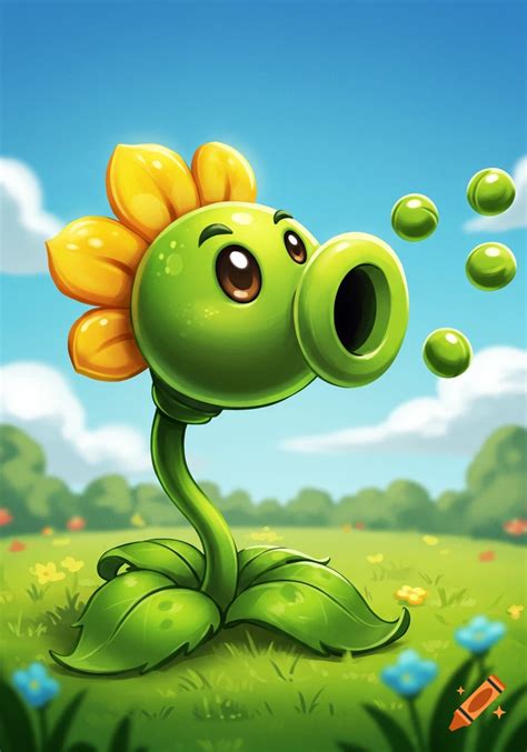 Cartoon Peashooter Character Shooting Peas In A Sunny Field On Craiyon