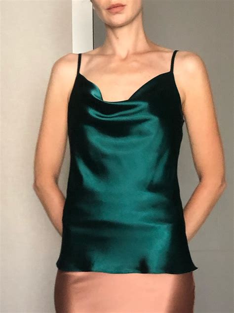 Forest Green Cowl Neck Silk Satin Top Open Back Emerald Green
