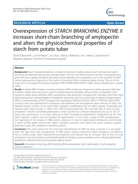 Pdf Overexpression Of Starch Branching Enzyme Ii Increases Short