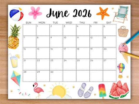 Editable June 2026 Calendar Printable Summer Calendar W Beach Ball