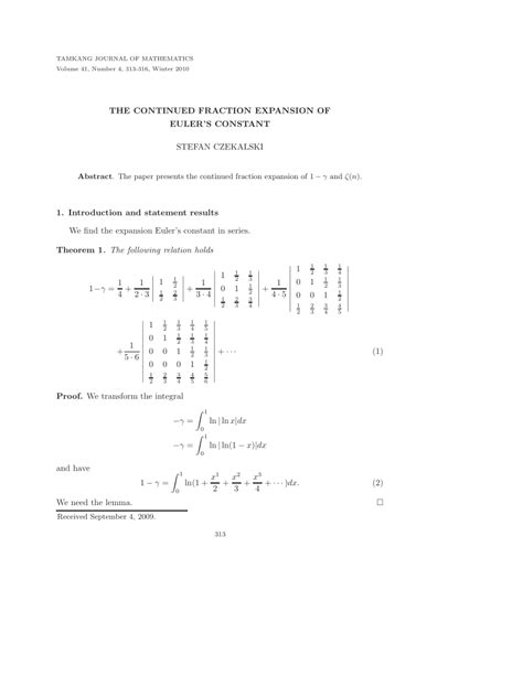 Pdf The Continued Fraction Expansion Of Eulers Constant