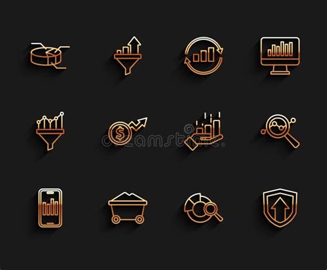 Set Line Mobile With Graph Coal Mine Trolley Pie Chart Infographic