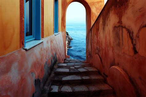 A House With Blue Windows And Small Stone Steps Premium Ai Generated