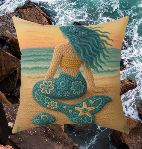 Mermaid Beach Pillow Coastal Home Decor Nautical Throw Cushion Ocean