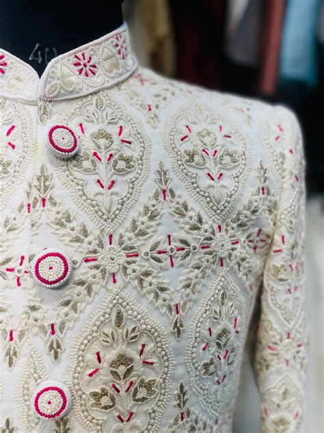 Hand Embroidered Groom Sherwani Set Ivory Silk Kurta Pyjama And Shawl