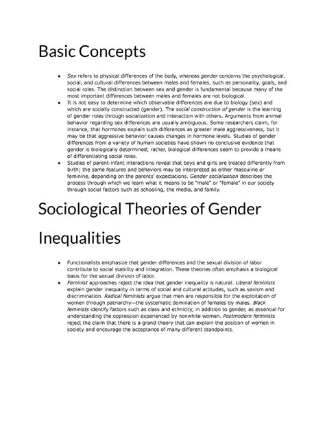 Sociology 101 Ch10 Outline Basic Concepts Sex Refers To Physical