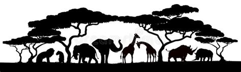 Silhouette African Safari Animal Landscape Scene Stock Vector
