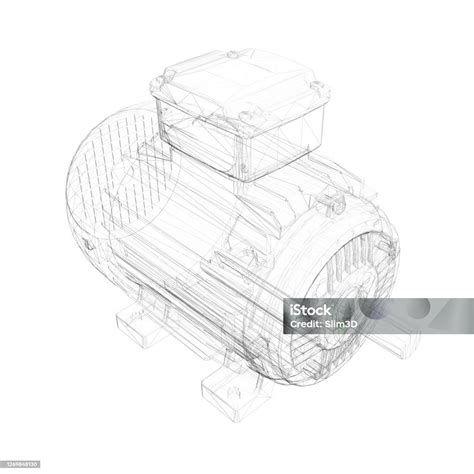 흰색 배경에 격리 된 전기 모터의 와이어 프레임 등등 측정 보기 3d 벡터 일러스트레이션 3차원 형태에 대한 스톡 벡터 아트 및 기타 이미지 Istock