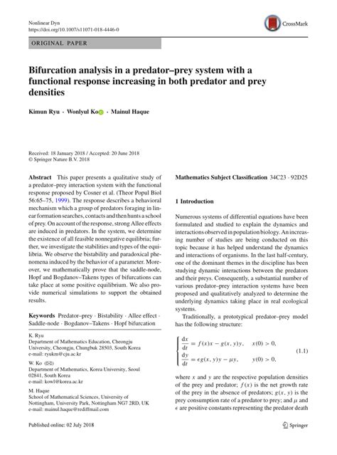 Pdf Bifurcation Analysis In A Predator Prey System With A Functional Response Increasing In