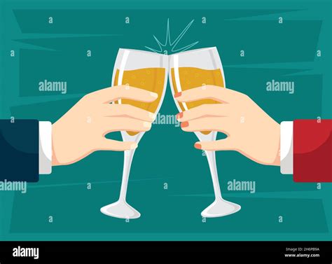 Hands Holding Glasses Of Champagne Clink Glasses With Wine Stock