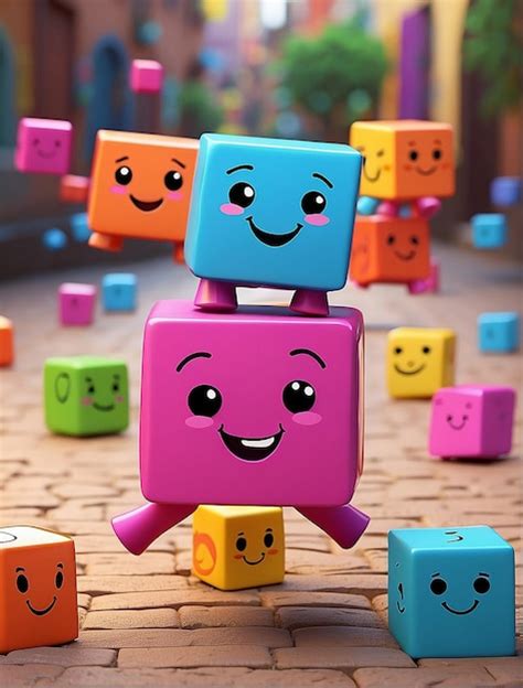 Premium Photo Cute Colorful Cubes Bouncing On The Ground Smiling