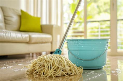 Simple Mop Placed On A Laminate Floor With Bucket Of Water On