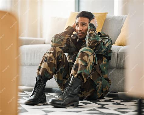 Premium Photo Soldier Depression And Ptsd With Man In Living Room For