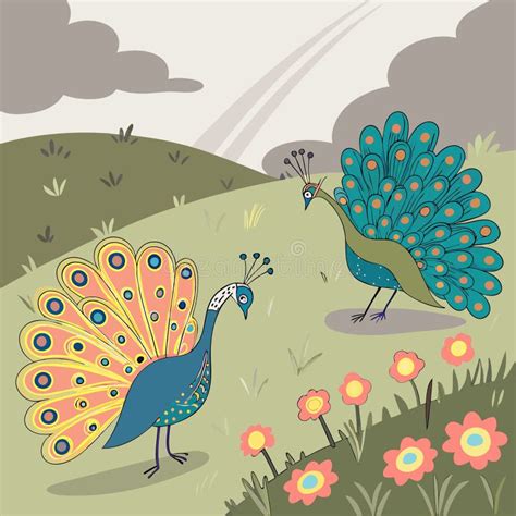 Peacocks Dancing In A Colorful Meadow Vector Background Stock Vector Illustration Of Elegant