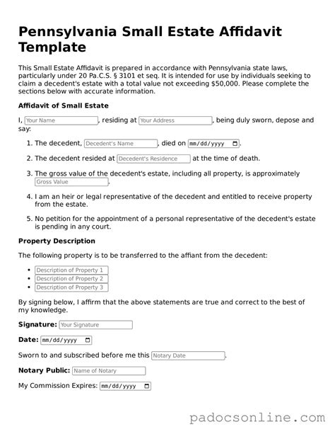 Free Pennsylvania Small Estate Affidavit Template Pa Documents Online