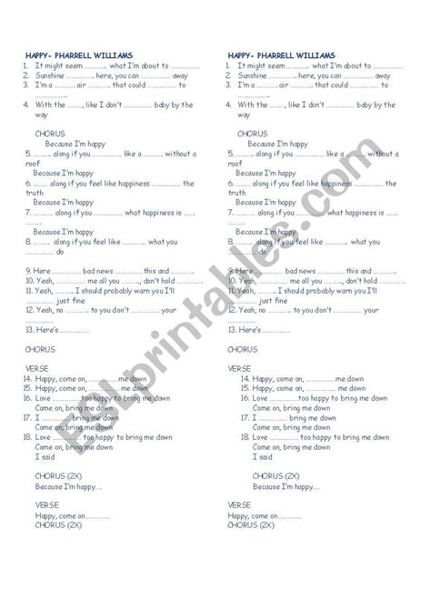 Happy Pharrell Williams Lyrics Worksheet Esl Worksheet By Tataje1285