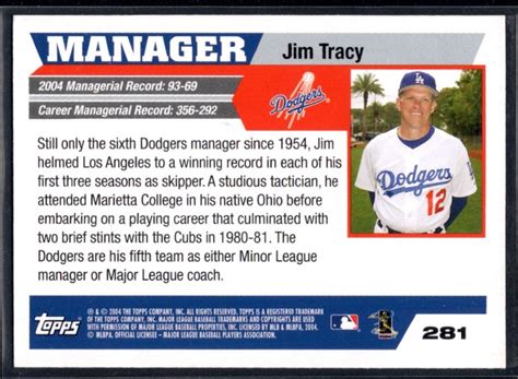 2004 Topps Jim Tracy Auto Los Angeles Dodgers 281 Ebay