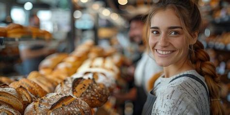 A Woman Smiling In Front Of A Bread With A Smile On Her Face Premium