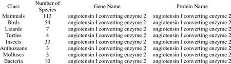 Selected Sequence Data For Protein Of Ace2 In Diverse Species