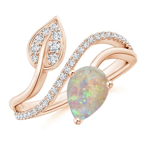 Opal And Diamond Bypass Ring With Leaf Motif
